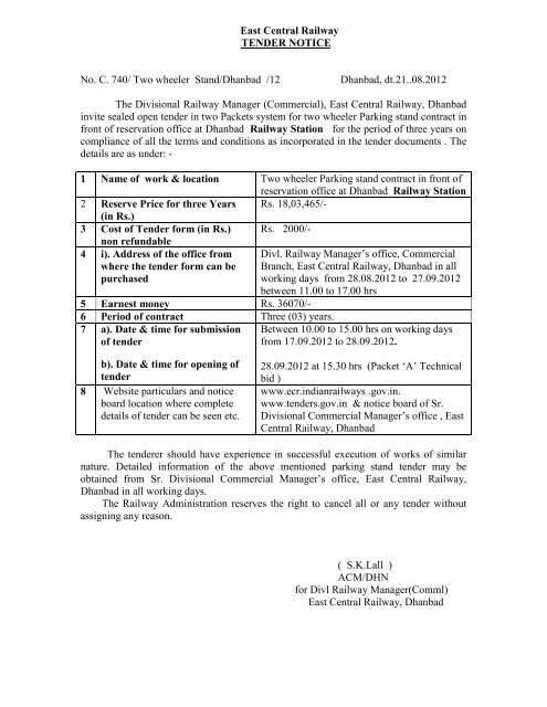 East Central Railway TENDER NOTICE No. C. 740 ... - Tenders India