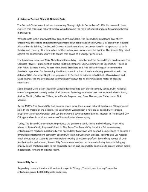 A History of Second City with Notable Facts The Second City ...