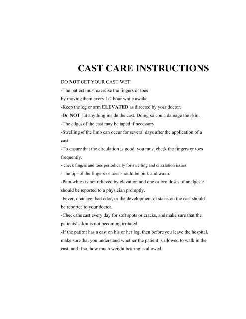 CAST CARE INSTRUCTIONS - The Christ Hospital