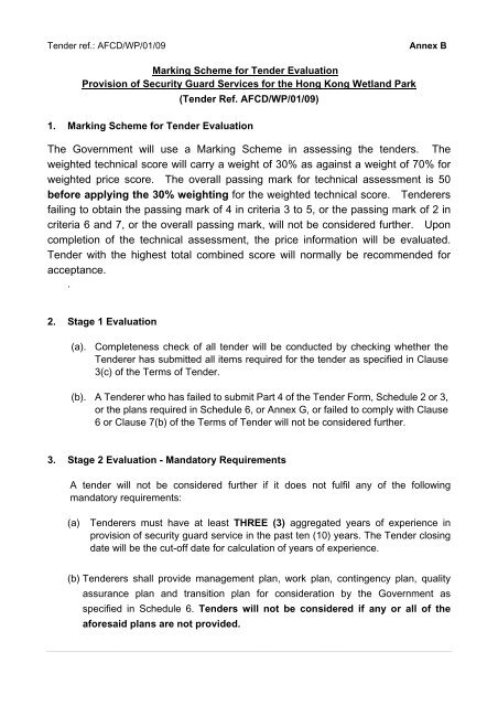 Marking Scheme for Tender Evaluation
