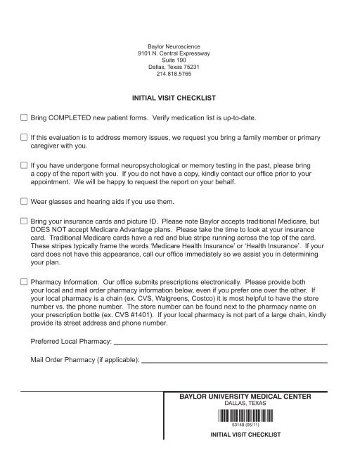 initial visit checklist - Baylor Health Care System