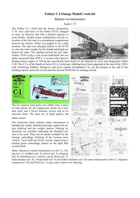 Fokker C.I Omega Models resin kit Biplane ... - hollandaircraft.nl