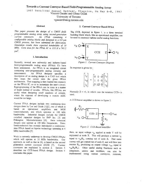 Towards a current conveyor based Field Programmable Analog arrays