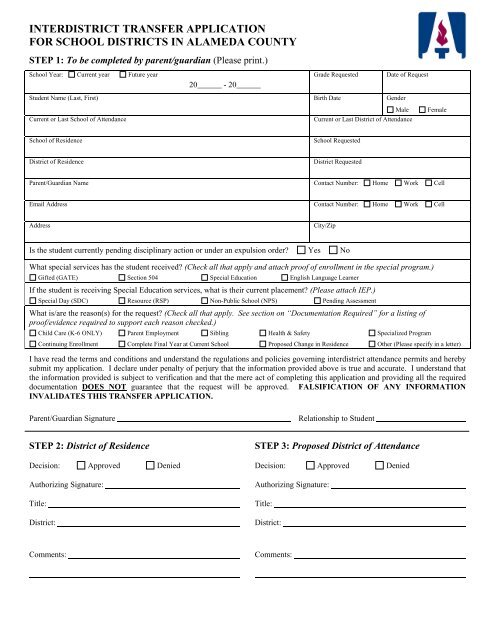 interdistrict transfer application for school districts in alameda county