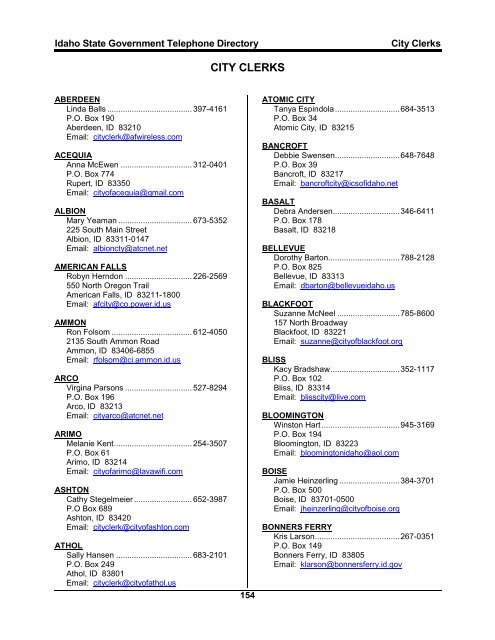 Idaho Cities - Idaho State Employees Phone Directory, 2012 - Idaho ...