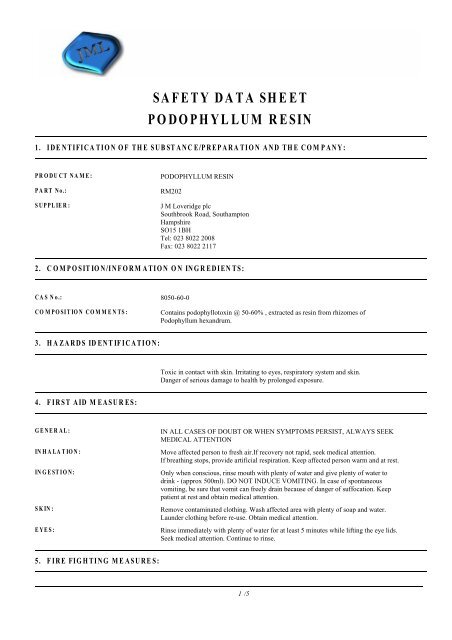 SAFETY DATA SHEET PODOPHYLLUM RESIN - J.M.Loveridge plc