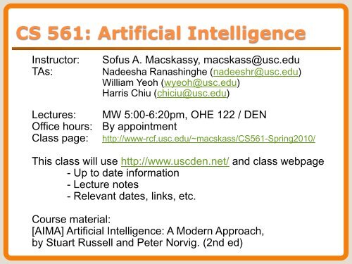 CS 561: Artificial Intelligence - Usc