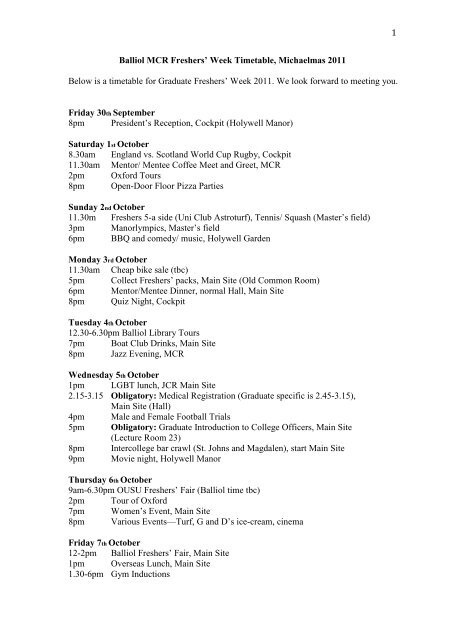 Freshers' Week MCR Timetable Michaelmas 2011 - Balliol College