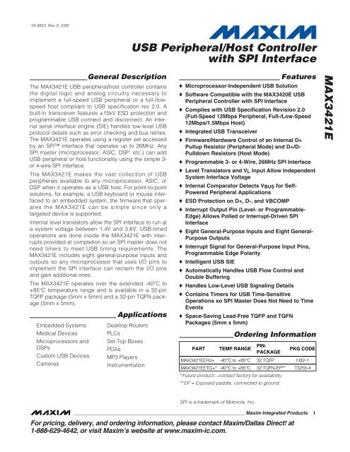 MAX3421E USB Peripheral/Host Controller with SPI Interface