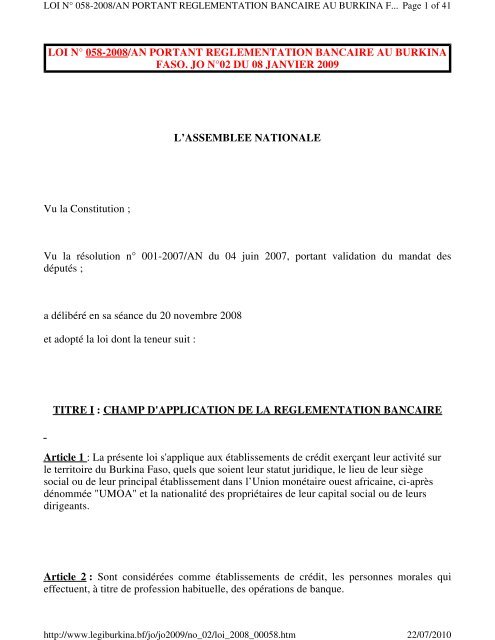 LOI N° 058-2008/AN PORTANT REGLEMENTATION BANCAIRE AU ...