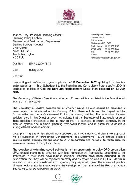 Saved Policies 2008 - covering letter from Government Office