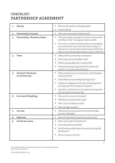 checklist partnership agreement spl - Australian Design Unit