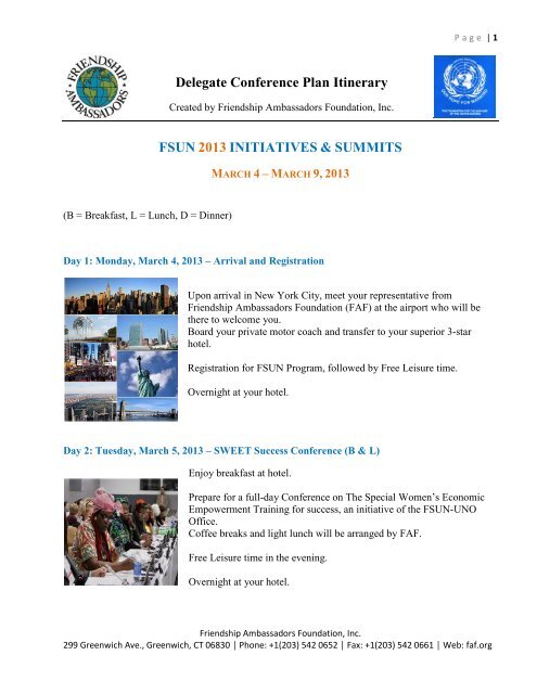 Delegate Conference Plan Itinerary FSUN 2013 INITIATIVES ...