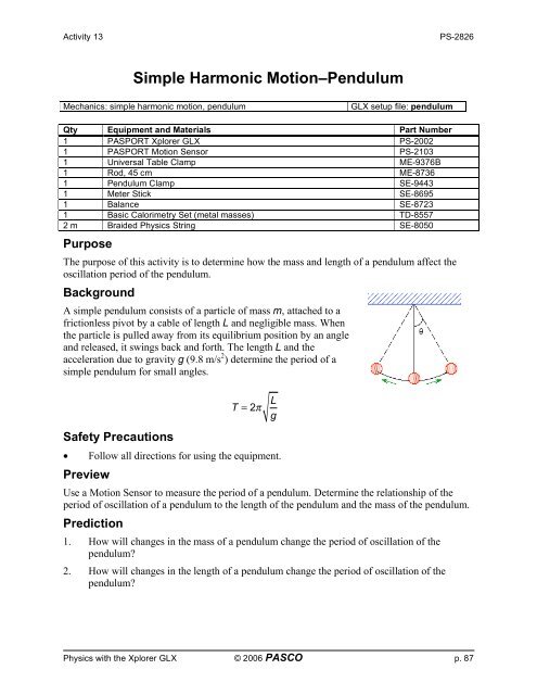 Simple Harmonic Motionâ Pendulum