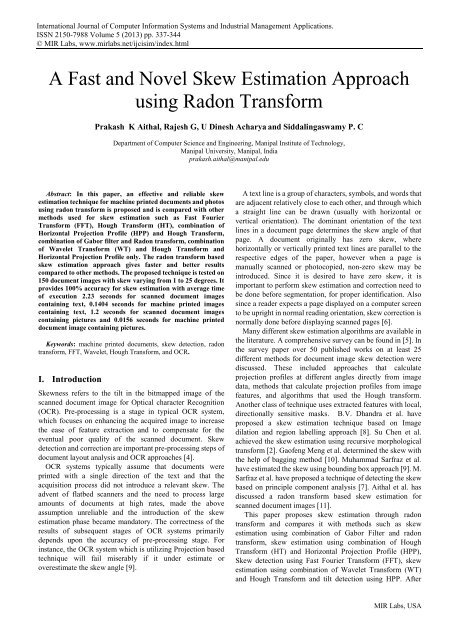 A Fast And Novel Skew Estimation Approach Using Radon Transform