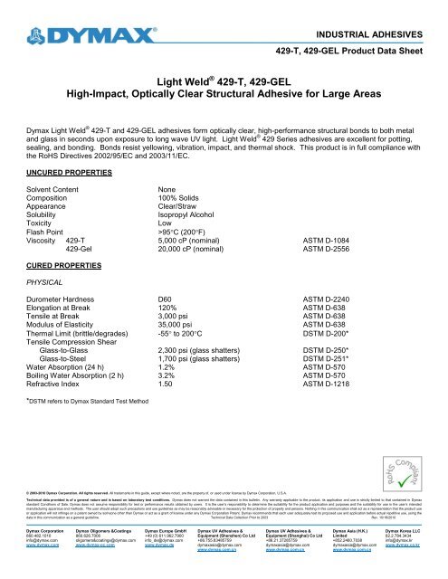 DYMAX 429 Series Industrial Adhesive Product Data Sheet