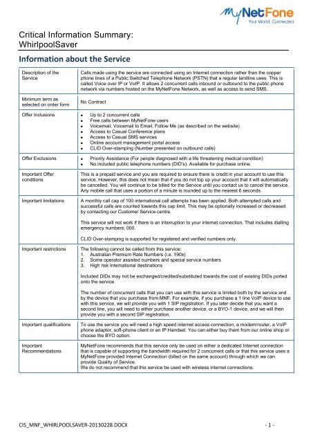 Critical Information Summary - MyNetFone