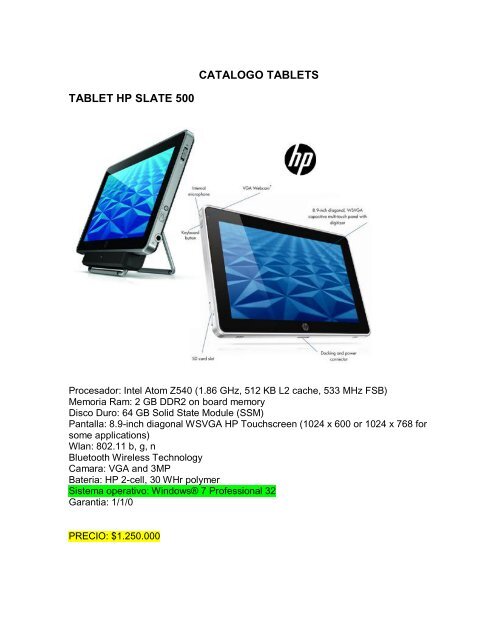 CATALOGO TABLETS TABLET HP SLATE 500 - Era Post PC