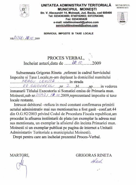Procesv verbal, Titlu Executoriu, Somatie, Neagu LenuÈ a