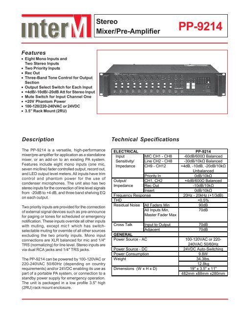 Stereo Mixer/Pre-Amplifier PP-9214