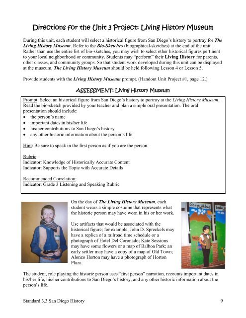 Directions for the Unit 3 Project: Living History Museum