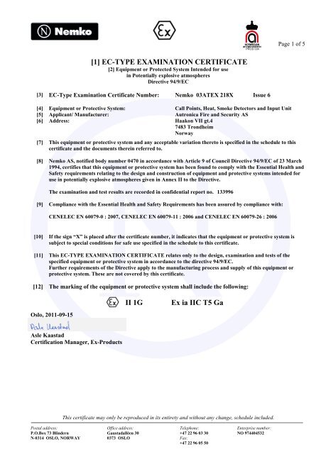 [1] ec-type examination certificate - Autronica Fire and Security AS