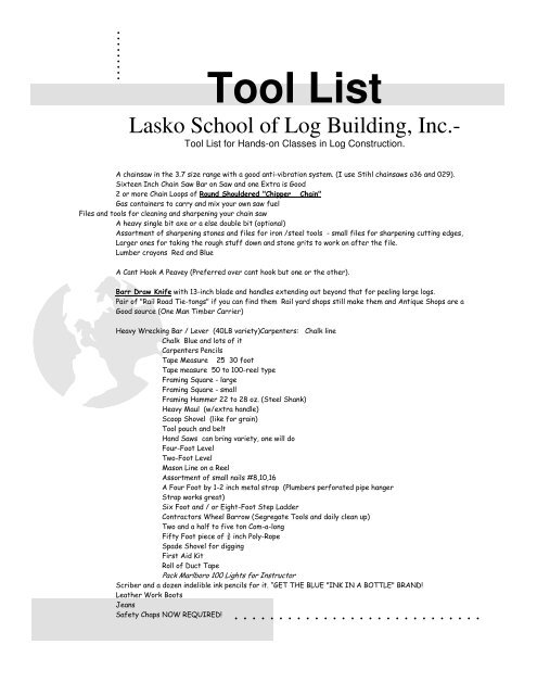 Tool List - Lasko School of Log Building