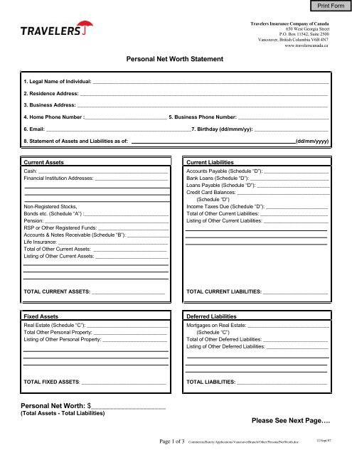 Personal Net Worth Statement Personal Net Worth Travelers Canada