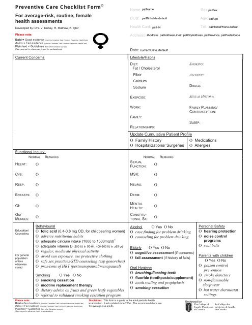 Preventive Care Checklist Form© For average-risk, routine, female ...