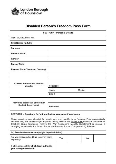 Disabled person's Freedom Pass form - Hounslow Council