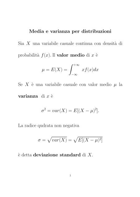 Media e varianza per distribuzioni Sia X una variabile ... - Matematica