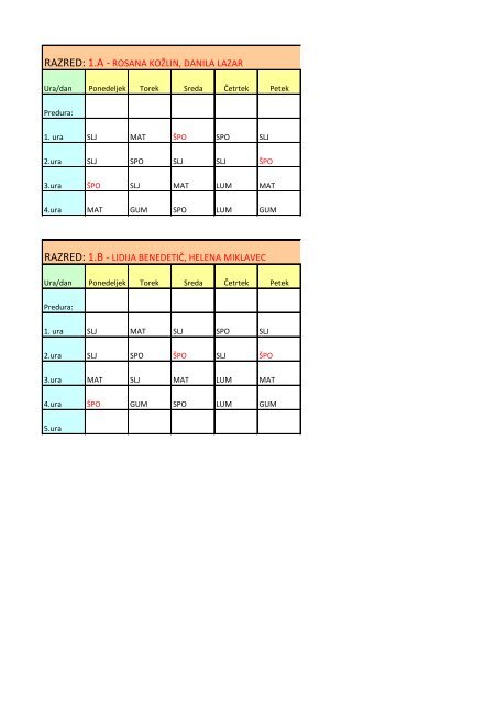 urniki od 1. -5. razred