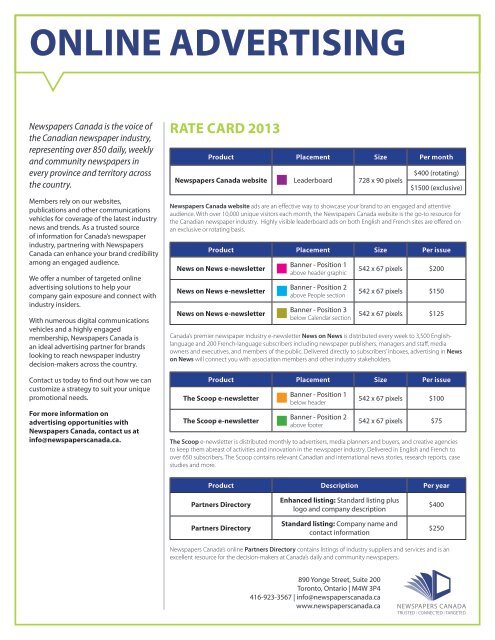 to view our Online Advertising Rate Card - Newspapers Canada
