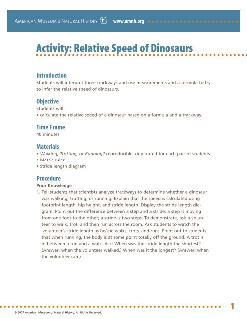 Activity: Relative Speed of Dinosaurs Introduction