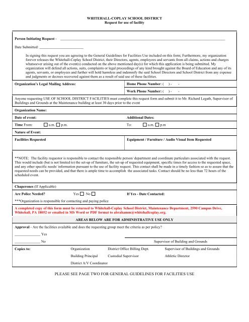 Facility Use Request Form (PDF) - the Whitehall-Coplay School ...