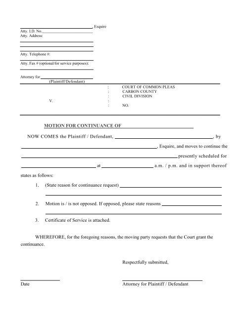 MOTION FOR CONTINUANCE OF NOW - Carbon County Courts