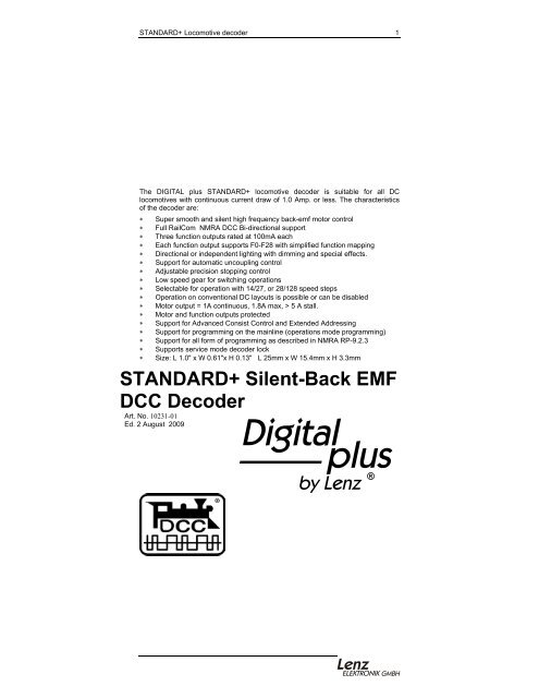STANDARD+ Silent-Back EMF DCC Decoder - Lenz USA