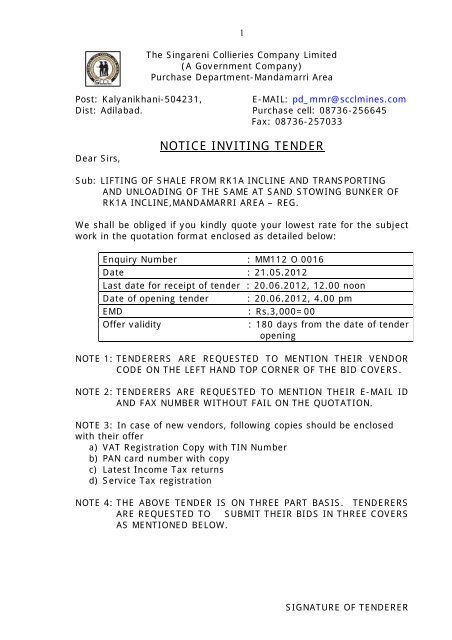 NOTICE INVITING TENDER - SCCL Home page
