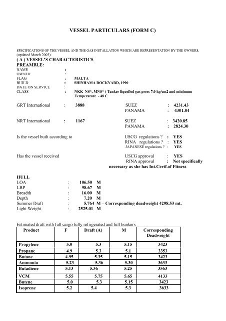VESSEL PARTICULARS (FORM C)