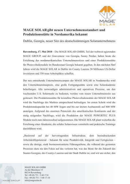 Standort Dublin Georgia - Mage Solar