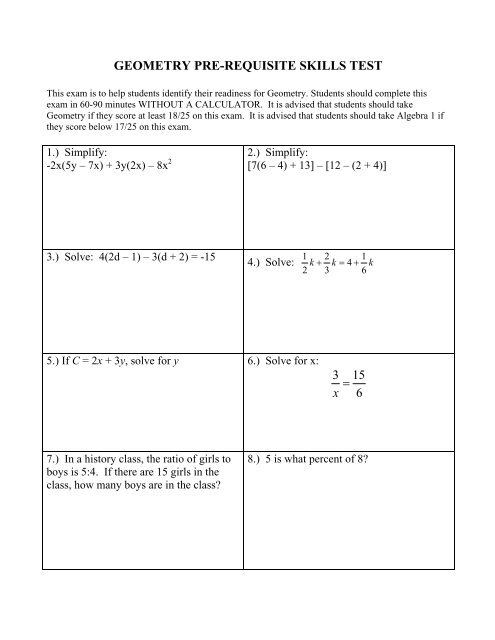GEOMETRY PRE-REQUISITE SKILLS TEST
