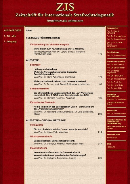 Inhalt FESTGABE FÃƒÂœR IMME ROXIN AUFSÃƒÂ„TZE AUFSÃƒÂ„TZE ... - ZIS