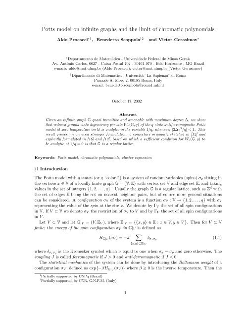 Potts model on infinite graphs and the limit of chromatic polynomials