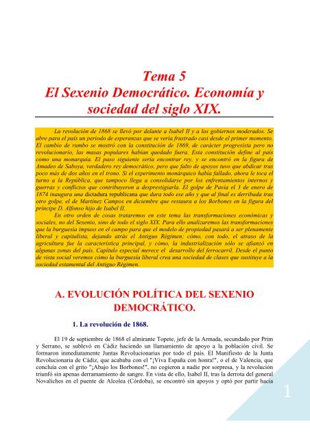 El Sexenio Democrático. Economía y sociedad del siglo XIX