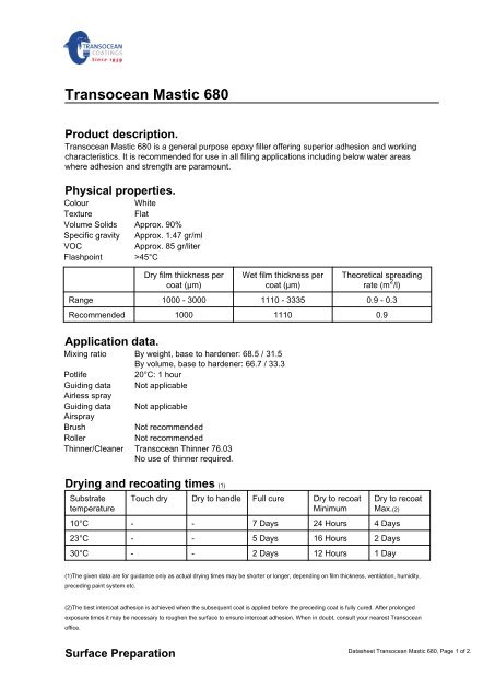 Product Data Sheet Transocean Mastic 680 - Transocean Coatings
