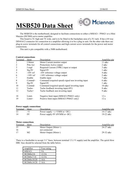 MSB520 Data Sheet - Mclennan Servo Supplies Ltd.