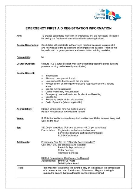 emergency first aid registration information - Life Saving Victoria
