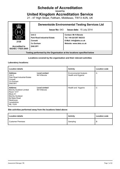 Derwentside Environmental Testing Services Ltd - UKAS