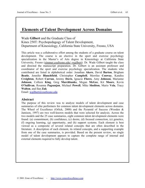 Elements of Talent Development Across Domains - Zone of Excellence