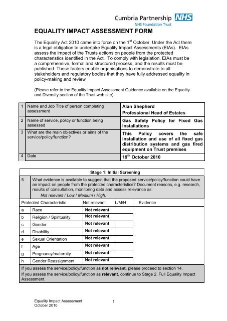 equality impact assessment form - Cumbria Partnership NHS ...